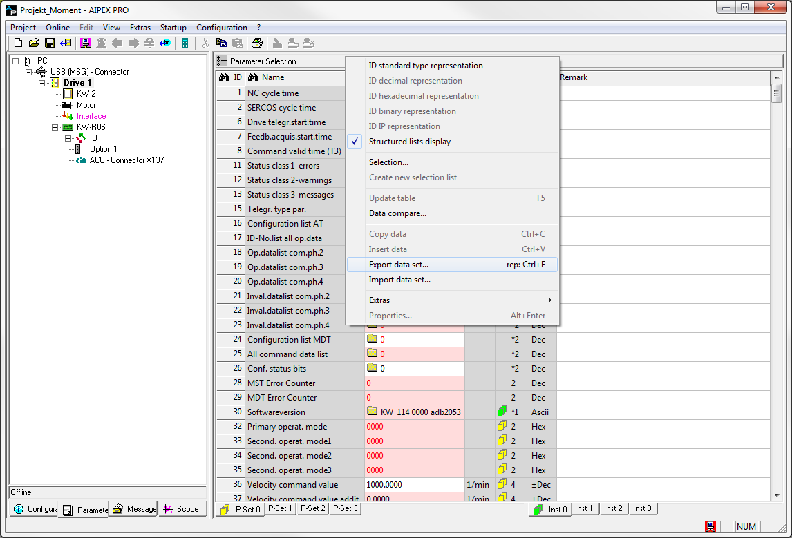 Reading out and exporting drive parameters with AIPEX PRO